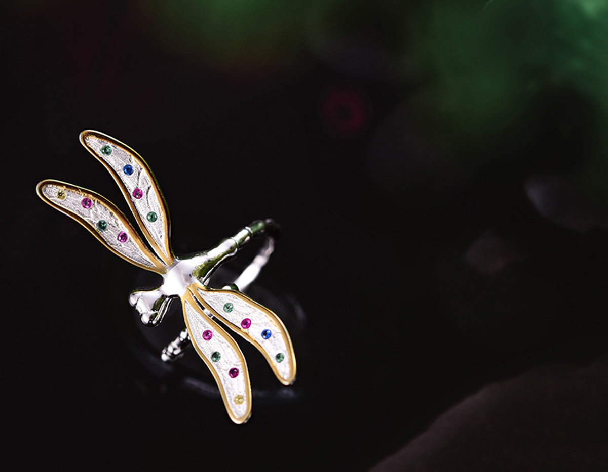 Sterling Silver | Rainbow Dragonfly Ring - Lotus Fun